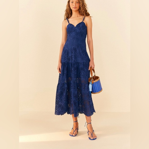 FARM Rio | Dresses | Farm Rio Deep Blue Palm Tree Richelieumidi Dress ...
